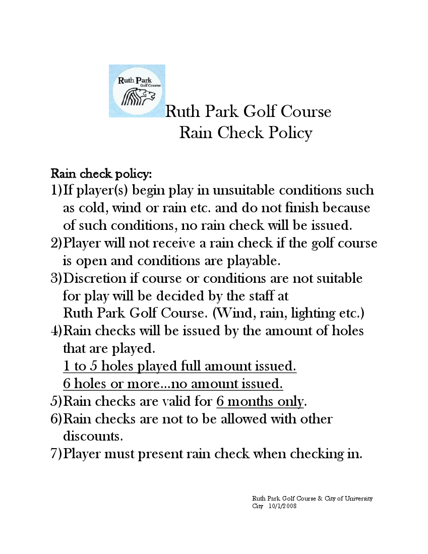 Raincheck Policy - Ruth Park Municipal Golf Course